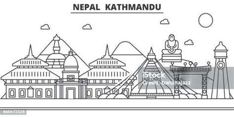 네팔 카트만두 건축 선 스카이 라인 일러스트입니다 유명한 랜드마크 시티 명소와 선형 벡터 풍경 디자인 아이콘 편집 가능한 선 프리 네팔에 대한 스톡 벡터 아트 및 기타