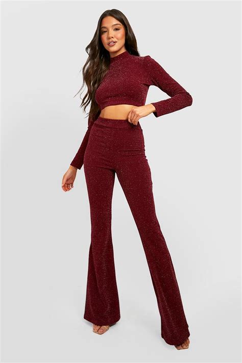 High Neck Crop Top And Flared Trouser Co Ord Boohoo