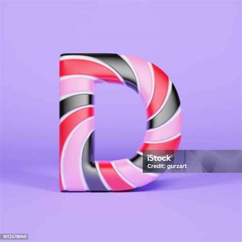 알파벳 D 대문자 편지입니다 분홍색 빨간색과 검은색 줄무늬 사탕 크리스마스 글꼴에 의하여 이루어져 있다 보라색 배경에 3d 렌더링 0명에 대한 스톡 사진 및 기타 이미지