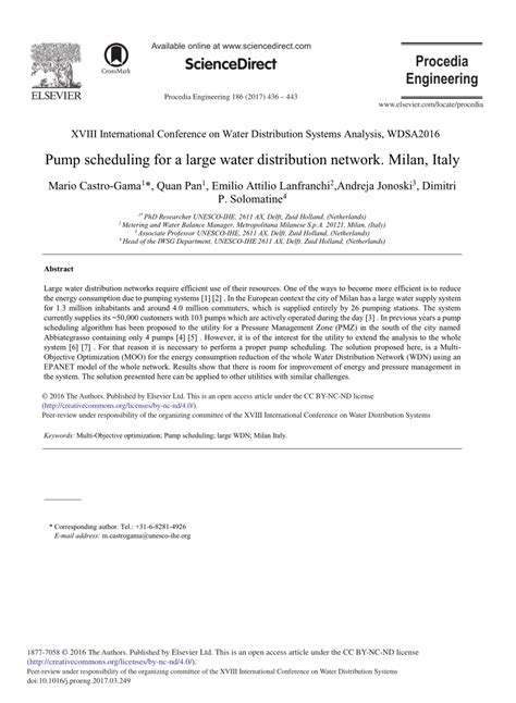 Pdf Pump Scheduling For A Large Water Distribution Network Milan Italy