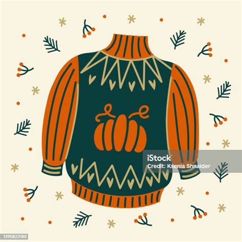 아늑한 가을 스웨터 벡터 아이콘입니다 줄무늬가있는 따뜻한 니트 점퍼 호박 프린트가있는 모직 제철 의류 흰색 배경에 고립 된 손으로 그린 그림 플랫 만화 클립 아트 간단한