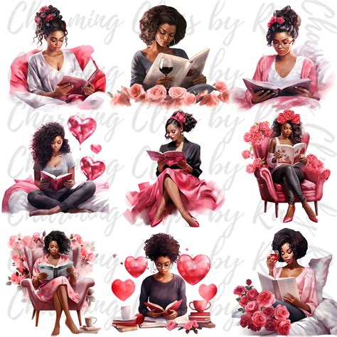 Watercolor Valentines Black Woman Reading Clipart Bookworm Holiday