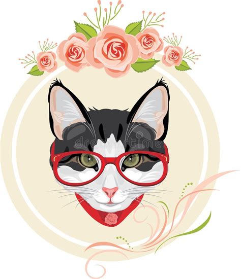 Portrait Of A Funny Cat With Red Glasses Stock Vector Illustration Of