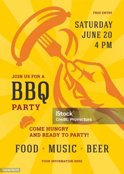 바베큐 파티 벡터 전단지 또는 포스터 디자인 템플릿 Barbecue Social Gathering에 대한 스톡 벡터 아트 및
