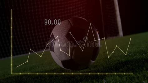 animation of fluctuating data graph overlay on soccer ball on field stock footage video of