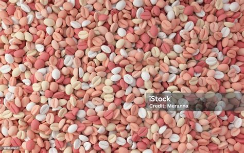 다채로운 커피 콩 3d 렌더링 배경 커피 콩의 질량을 닫습니다 맨 위 보기입니다 파스텔 색상 가득 찬에 대한 스톡 사진 및 기타