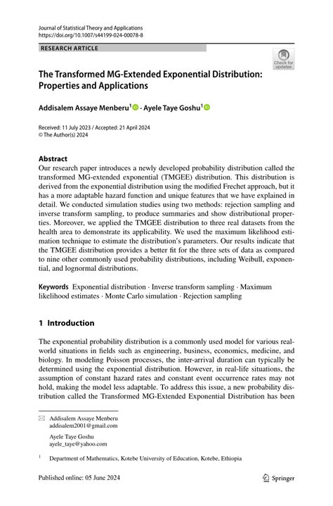 Pdf The Transformed Mg Extended Exponential Distribution Properties And Applications