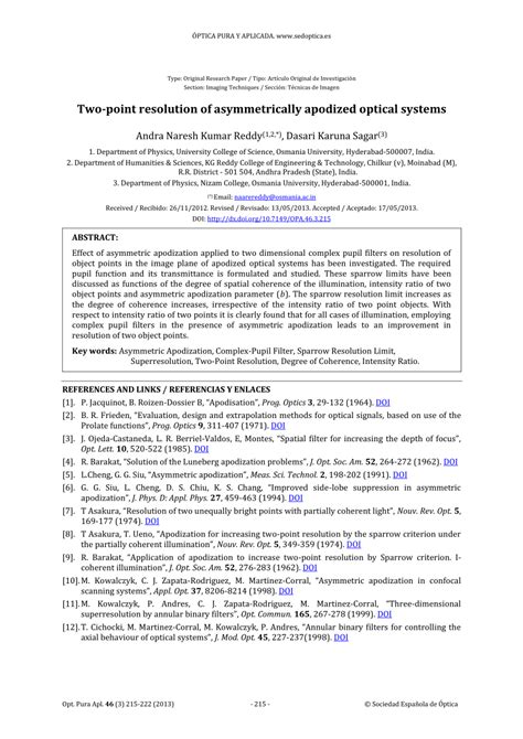 Pdf Two Point Resolution Of Asymmetrically Apodized Optical Systems