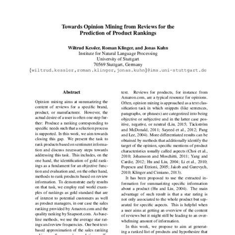 Towards Opinion Mining From Reviews For The Prediction Of Product Rankings Acl Anthology