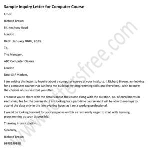 Sample Inquiry Letter For Computer Course Enquiry Letter