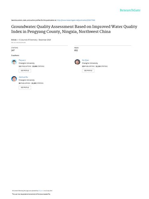 Groundwater Quality Assessment Based On Improved Water Quality Index In Pengyang County Ningxia