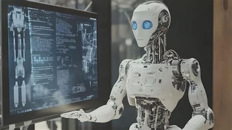White Humanoid Robot Interacting With Computer Monitor Displaying Data
