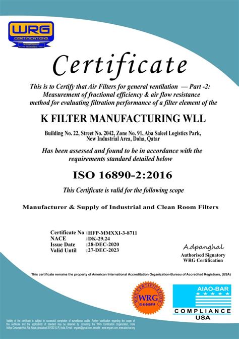 Certificates Kfilter Is Best And Have Certificates For Filtration