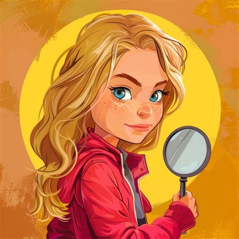 A Cartoon Illustration Of A Girl Holding A Magnifying Glass Premium