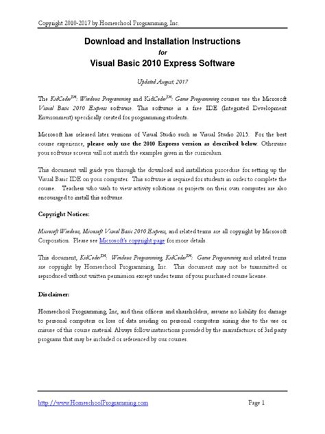 and installation instructions visual basic 2010 express software