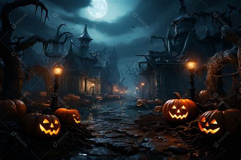 Fundo de Halloween abóboras e casa assombrada renderização 3D