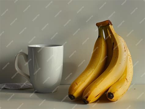 Fresh Bananas And White Ceramic Mug On Table Premium Ai Generated Image