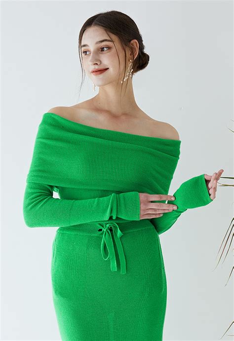 Fold Over Off Shoulder Knit Top In Green Retro Indie And Unique Fashion