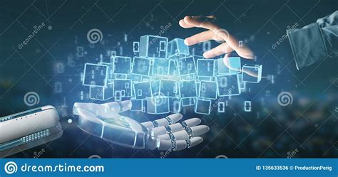 Cyborg Holding A Cloud Of Blockchain Cube And Binary Data 3d Rendering