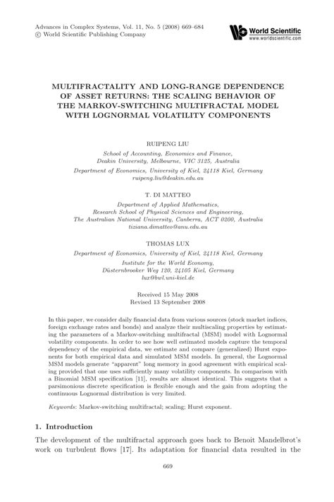 Pdf Multifractality And Long Range Dependence Of Asset Returns The