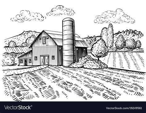 Rural Landscape Farm Barn And Windmill Sketch Vector Image
