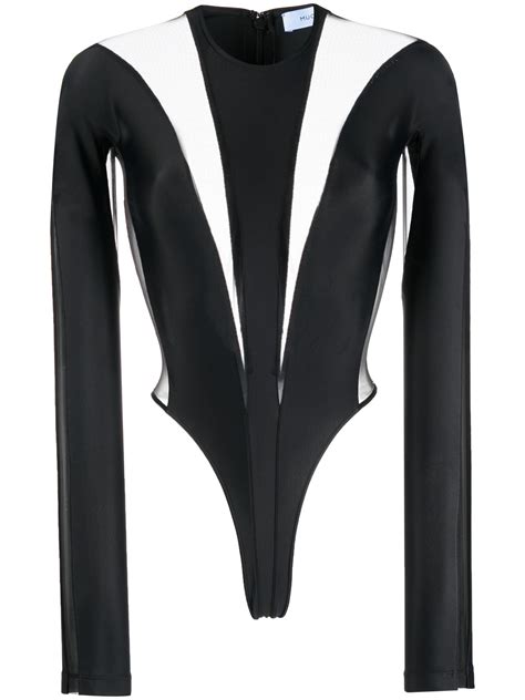 Mugler Logo Plaque Sheer Panelled Bodysuit Us