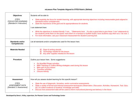 Otes Aligned Lesson Plan Template