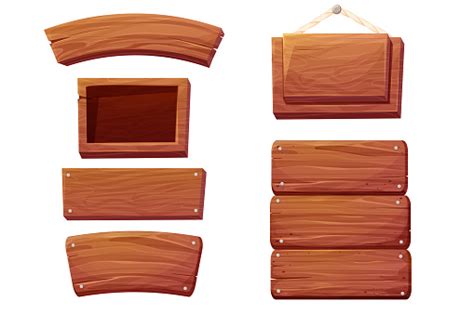 나무 타블렛 세트 질감 패널 로프 포인터가 있는 간판 흰색 배경에 격리된 만화 스타일 소박한 보드 널빤지 Ui 게임 자산 벡터