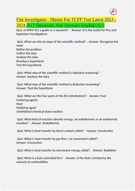 Fire Investigator Master For Tcfp Test Latest 615 Questions And