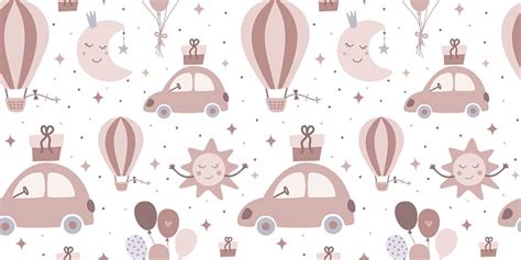 생일 벽지 직물 침대 린넨 디자인을위한 아이들의 완벽 한 패턴 풍선 자동차 만화 디자인에서 태양의 그림입니다 벡터 일러스트 레이
