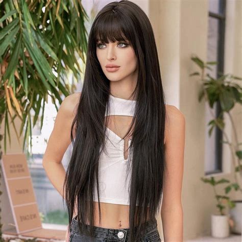 Black Extra Long Straight Wigs Layered Straight Hair Wigs With Bangs