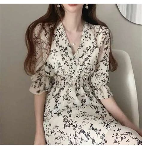 꽃무늬 쉬폰 봄 롱 휴양지 원피스 꽃 무늬 드레여성용 프렌치 파티 드레스 퍼프 슬리브 티몬