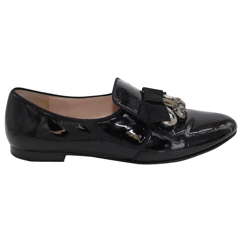Miu Miu Mocassin Jewel Crystal Bow En Cuir Verni Noir Cuir Vernis Ref