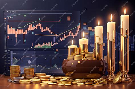 3d 렌더링 개념 주식 시장 캔들 스틱 차트 막대 그래프 및 동전 캔들 스틱 차트 프리미엄 사진