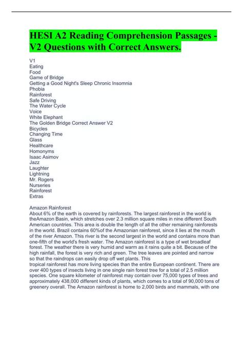 Hesi A2 Reading Comprehension Passages V2 Questions With Correct
