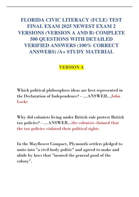 Florida Civic Literacy Fcle Test Final Exam 2025 Newest Exam 2 Versions Version A And B