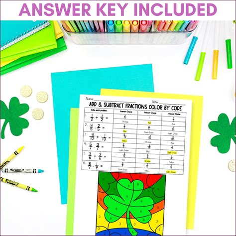 St Patricks Day Adding And Subtracting Fractions Like Denominators Color By Code Made By Teachers