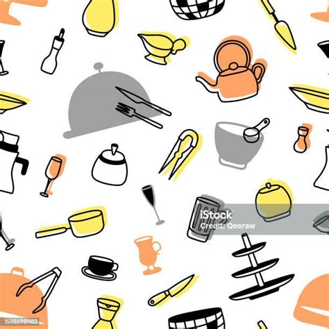 카페 또는 레스토랑을 위한 윤곽선 자유형 요리 도구가 있는 끝없는 벽지 가리기에 대한 스톡 벡터 아트 및 기타 이미지 가리기 가정 주방 가정의 방 Istock