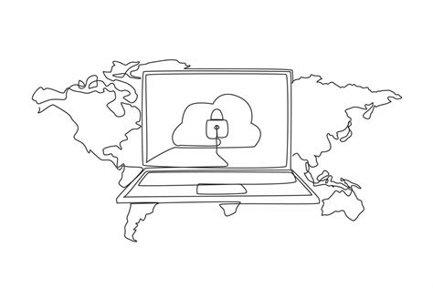 Continuous One Line Drawing Cloud Server And Padlock In The Middle Of