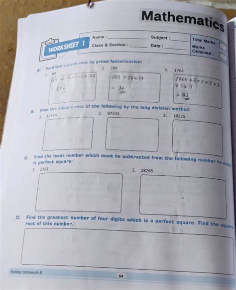 A Find The Square Root By Prime Factorisation 64 289 1764 B Find The