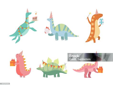 생일 축하 벡터 세트를 축하하는 선물 상자가 있는 파티 모자를 쓴 귀여운 공룡 0명에 대한 스톡 벡터 아트 및 기타 이미지
