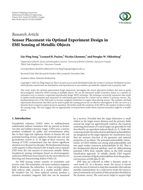 Pdf Sensor Placement Via Optimal Experiment Design In Emi Sensing Of Metallic Objects