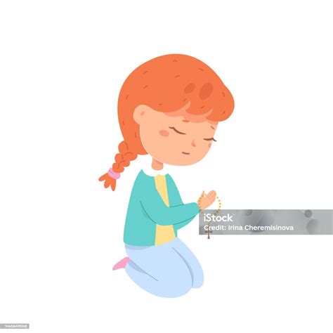 묵주 십자가로 기도하는 기독교 소녀 무릎을 꿇고 앉아 하나님과 천사들에게 기도하는 아이 천주교에 대한 스톡 벡터 아트 및 기타 이미지 천주교 신 희망 Istock