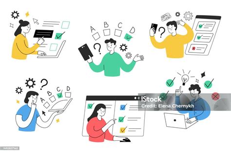 온라인 테스트를 통과한 사람 학생들이 정답을 선택하고 설문조사 질문에 답합니다 교육 심리 퀴즈 온라인 인터페이스가 있는 손으로 그린 작곡 세트 고름에 대한 스톡 벡터 아트