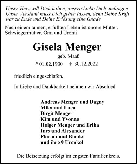 Traueranzeigen Von Gisela Menger Hamburgertrauer De