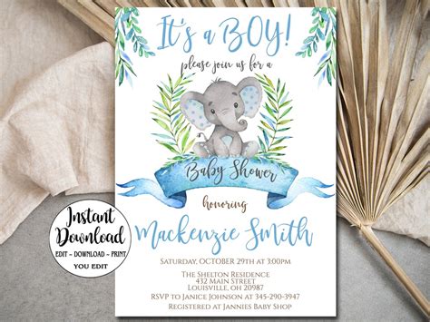 Safari Elephant Baby Shower Invitation Editable It S A Boy Baby Shower Blue Baby Elephant