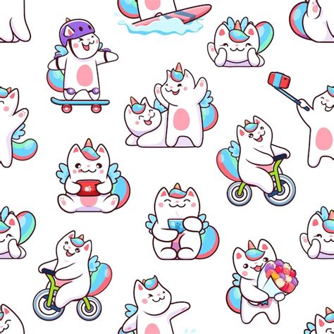 Premium Vector Cartoon Caticorn Cat And Kitten Seamless Pattern