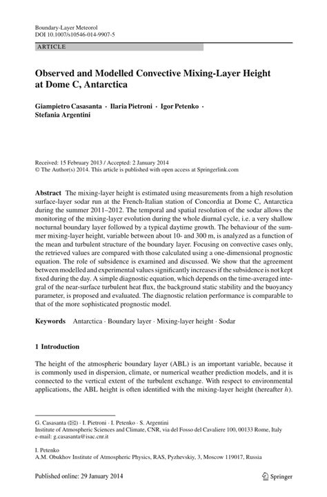 Pdf Observed And Modelled Convective Mixing Layer Height At Dome C