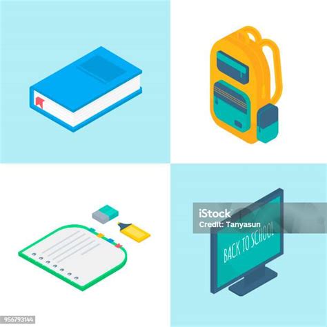 아이소메트릭 3d 학 용품 세트 Compuler 책 노트북 펜 배낭 지우개와 함께 가방에 대한 스톡 벡터 아트 및 기타 이미지