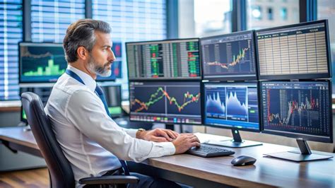 a man is sitting at a desk with a computer and a graph showing the
